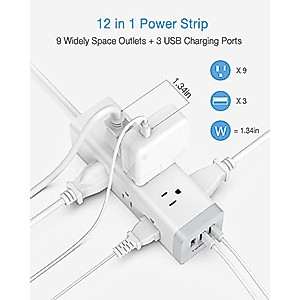 TESSAN Flat Plug Long Extension Cord 15 Ft, Surge Protector Power Strip with 9 Outlets 3 USB Ports, Desktop Multi Outlets Charging Station, Wall Mount for Home, Office, Dorm Room Essentials, Grey