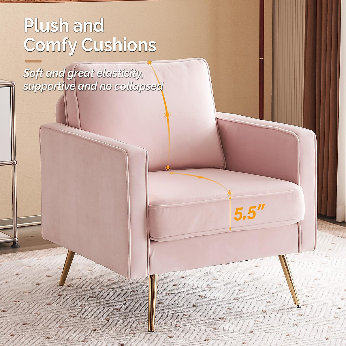 VINGLI Modern Pink Velvet Accent Chair for Living Room,Bedroom Comfy Chair Arm Chair Reading Chair with Golden Metal Legs and Deep Seat for Office,Apartment,Small Space