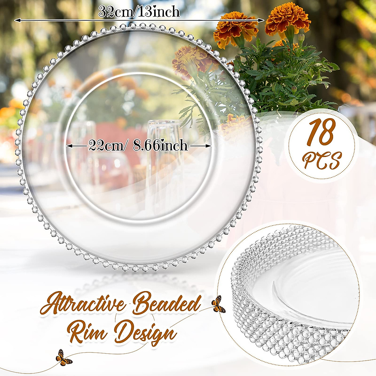 18 PCS Clear Charger Plates with Beaded Rim 13 Inch Plastic Acrylic Round Dinner Plate Chargers Decorative Plates for Home Kitchen Party Wedding Tabletop Decor (Clear)