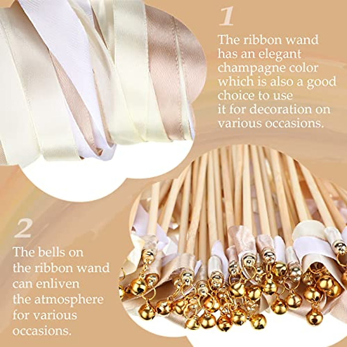 100 Pieces Lace Ribbon Wedding Wand Sticks Colorful Ribbon Streamers Party Ribbon Streamers with Bells Silk Fairy Stick Wands for Wedding, Party, Holiday, Activities(White, Brown, Champagne)