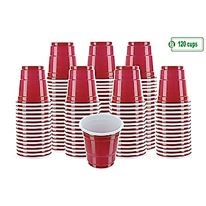 PARTY BARGAINS 2oz Plastic Shot Glasses - (120 Pack) Mini Red Disposable Plastic Shot Cups, Jello Shots, Perfect Size for Serving Condiments, Snacks, Samples and Tastings