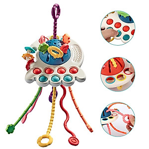 Montessori Toys for Baby: Early Educational Sensory Toys with Bell for Toddler, Rocket Silicone Pull String Activity Toys with Dimple Fidget for Fine Motor Skills Baby Travel Toy Gift (Brown)