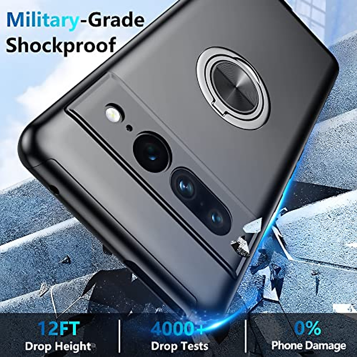 okzilla for Google Pixel 7 Pro Case, with [360 Rotation Ring Bracket Stand] [No Fall-Off Kickstand] [Military Grade Drop Protection] Slim Thin Shockproof Phone Case Cover 6.7 inch - Black