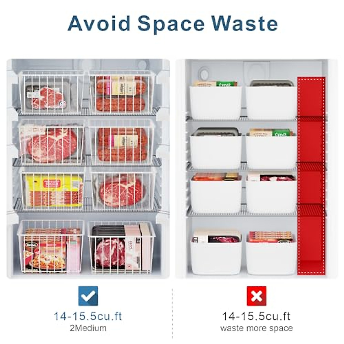 iSPECLE Upright Freezer Organizer Bins - 6 Pack Medium Stand up Freezer Baskets for 14 to 15.5 cu.ft Freezer, Easily Sort and Get Food, Air Circulation Stop Food Sliding out from Freezer, White