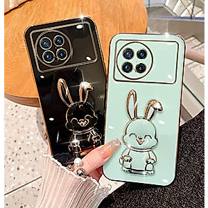 for Oneplus 11 5G Case,6D Cute Kawaii Hidden Rabbit Bunny Kickstand with Camera Protection,Luxury Plating Glitter Soft Silicone Folding Extending Bracket Phone Case for Onplus 11 for Women Girls Green