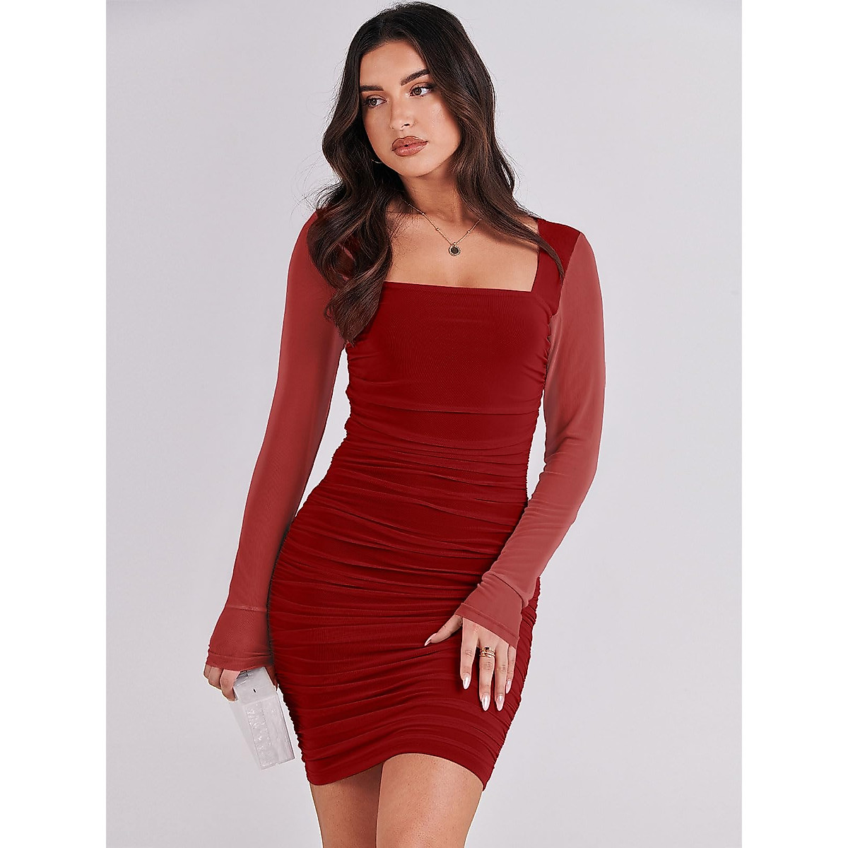 ANRABESS Women's Square Neck Mesh Ruched Bodycon Mini Dress Puff Long Sleeve Sexy Cocktail Party Short Dresses 2024 Large Red