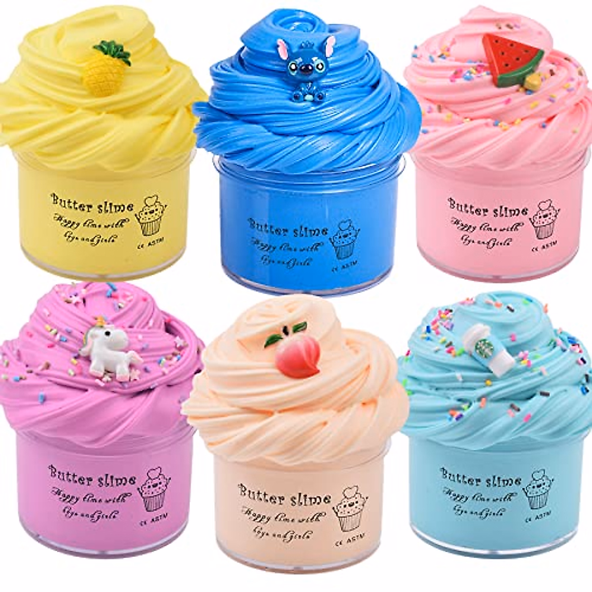 WUHUANIU Slime Kit with 6 Pack Scented Slime,Watermelon /Unicorn /Latte /Pineapple /Blue Stitch/Peach Slime,Super Soft and Non-Sticky,Surprise Slime Toys for Girls and Boys