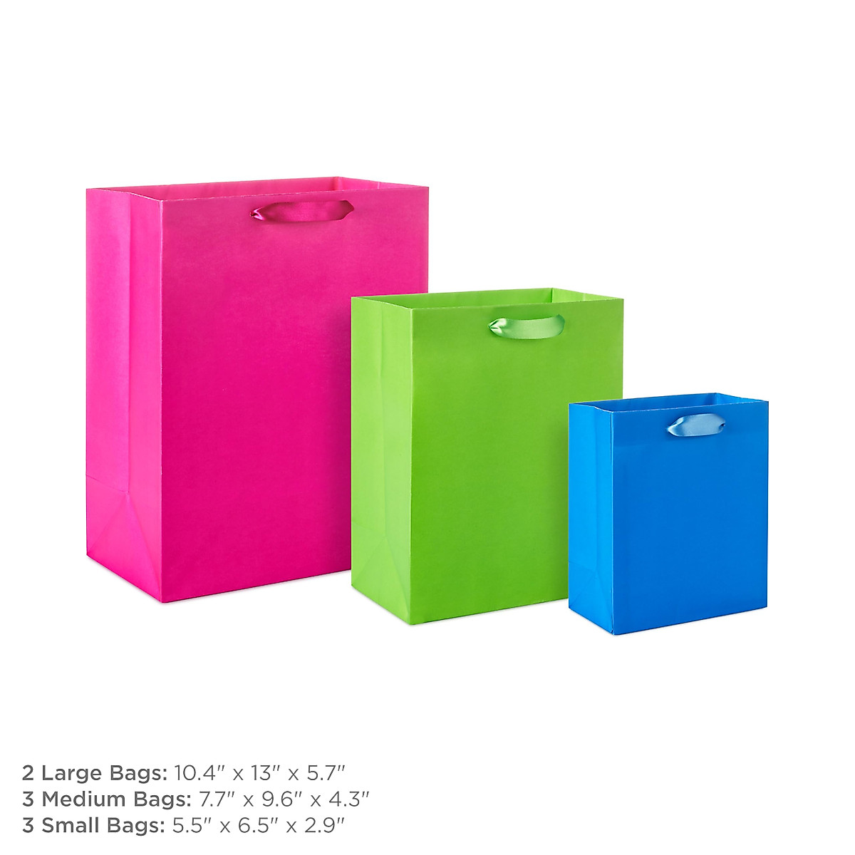 Hallmark Assorted Gift Bags (8 Bags: 3 Small 6", 3 Medium 9", 2 Large 13") Solid Pink, Blue, Green, Yellow, Red