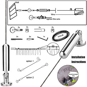 [5 Meters] Wall Mount Curtain Wire Rod Set with (20 Hanging Clips) - Pinowu Stainless Steel Picture Hanging Wire Clothesline Wire Multi-purpose Set Hang Photo Notes, Art