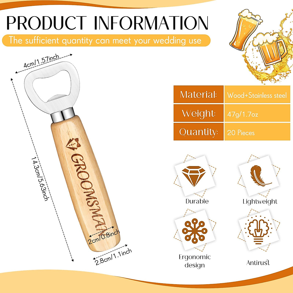 Wooden Bottle Opener Groomsmen Gifts Wood Can Opener Best Man Gift Wedding Favors Proposal Gift Bachelor Party Favors for Kitchen Bar Restaurant Beer (6 Pcs)