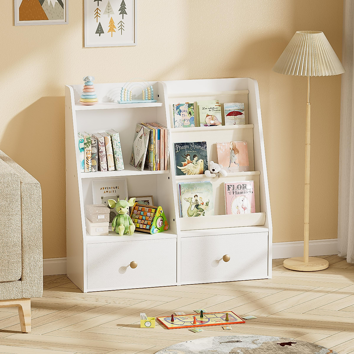 Creso hom 3 Tier Kids Bookshelf, Toddler Bookshelf and Toy Storage, Baby Wooden Bookcase with Drawers, Children Book Shelf for Kids Room, Nursery Storage Book Rack for Playroom, Classroom, White