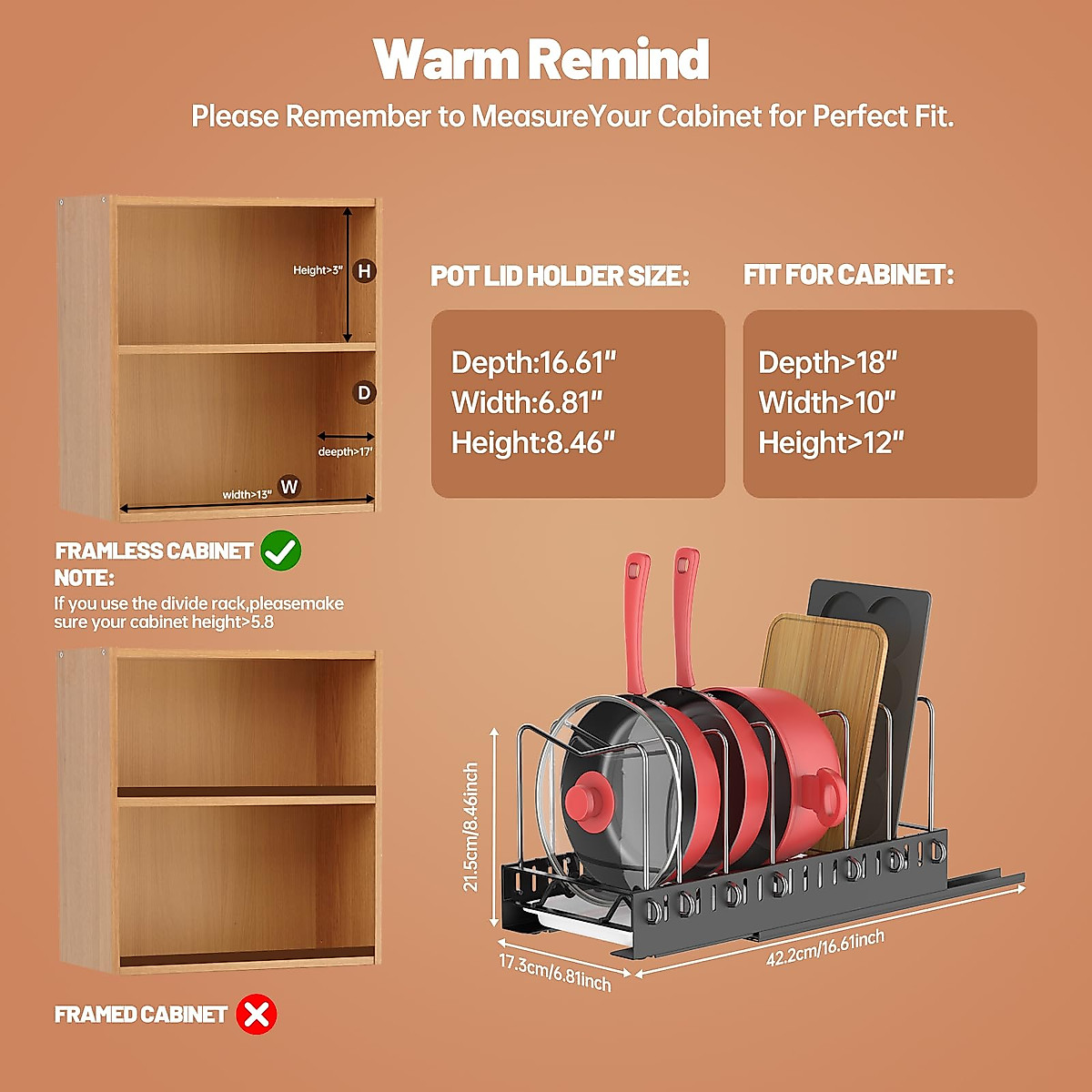 CENLEN Pull Out Pots and Pans Organizer Under Cabinet, Slide Out Pot Lid Organizers Inside Cabinet, Pull Out Lid Holder for Pots and Pans, Sliding Kitchen Cabinet Organizer (Black)