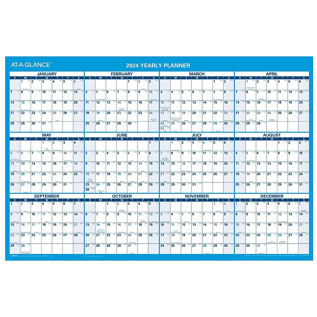 AT-A-GLANCE 2024 Erasable Calendar, Dry Erase Wall Planner, 36" x 24", Large, Horizontal, Reversible for Planning Space" (PM2002824)