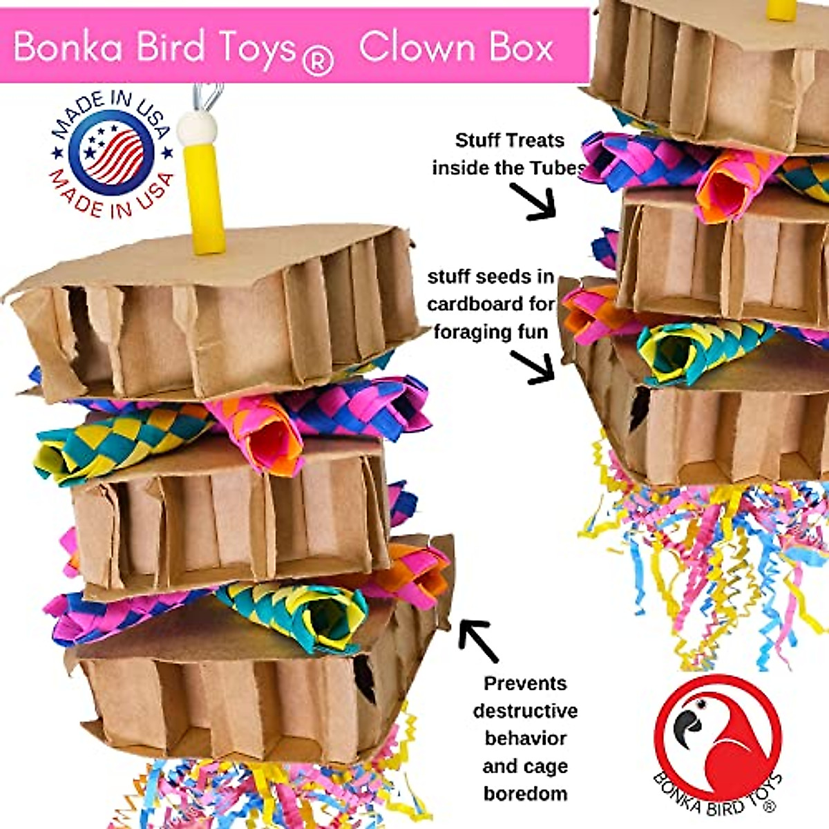Bonka Bird Toys 3734 Clown Box Medium Bird Toy Conure African Grey Shred Pleasure