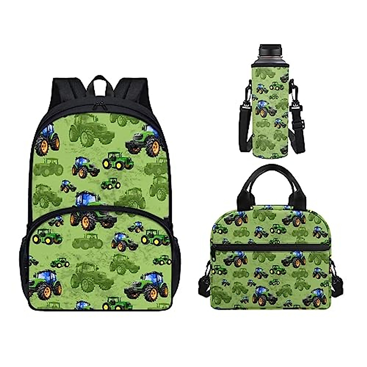 Gomyblomy Tractors 17 Inch Computer Backpack, Large Capacity Lightweight Children's School Bag with Lunch Bag & Water Bottle Bag, Travel Backpack for Boys & Girls