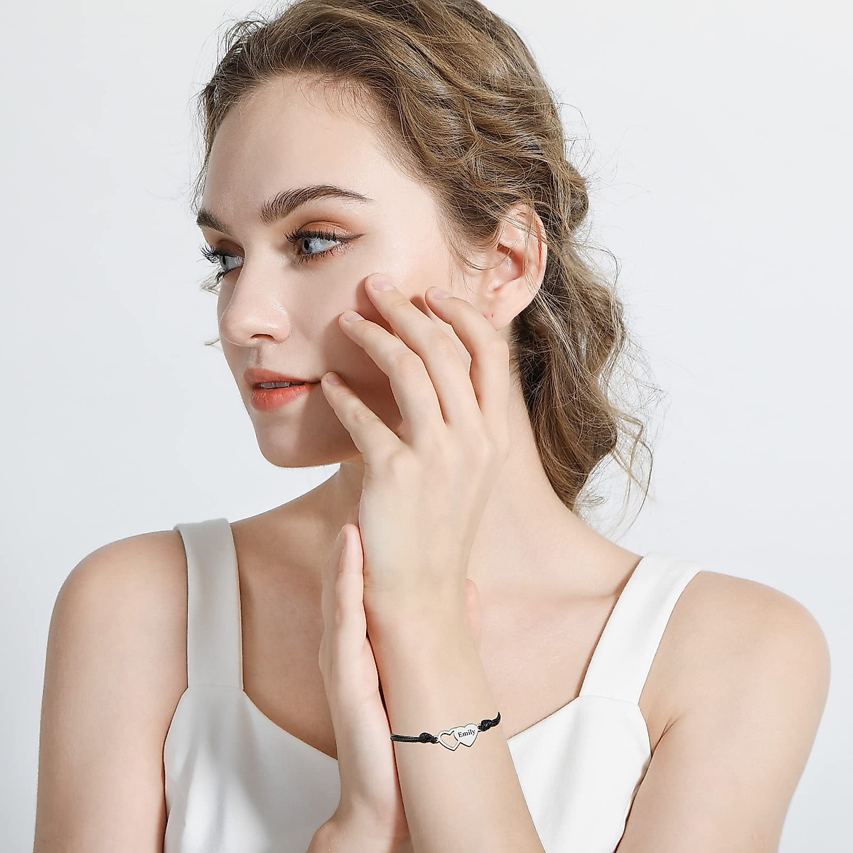 INBLUE Custom Matching Heart Bracelet Set, Personalized Name 4 Pieces Stainless Steel BFF Best Friend Rose-gold Bracelet Set, Friendship Gift for Sisters Best Friends Besties Women