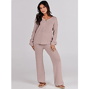 ANRABESS Women 2 Piece Outfits Sweater Lounge Sets Long Sleeve Cable Knit Pullover and Wide Leg Pants Tracksuit Matching Set Large