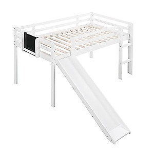 Bellemave Kids Loft Bed with Slide, Wood Loft Bed Boys Girls Twin Size, Low Loft Bed with Chalkboard(White)