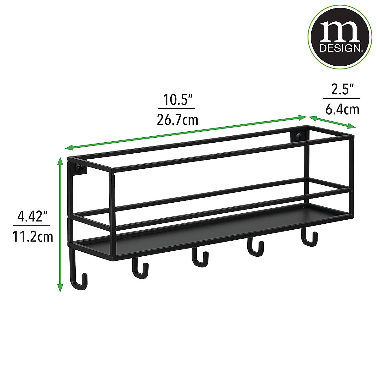 mDesign Metal Wall Mount Mail and Key Holder with 5 Hooks, Hanger Rack Shelf for Home Entryway, Mudroom, Kitchen, Hold Letters, Cards, Magazines, Coats, Umbrellas, Citi Collection, Matte Black