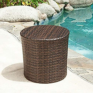 Christopher Knight Home Keaton Wicker Barrel Side Table, Multibrown 16.75 inches high x 17.5 inches wide 17.5 inches deep and Suncast 33 Gallon Hideaway Can Resin Outdoor Trash with Lid Use in Backyard, Deck, or Patio, 33-Gallon, Brown