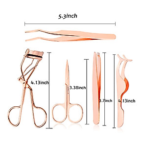 Arroyner 5 Pieces Eyelash Applicator Tool False Eyelashes Applicator Eyebrow Curler Eyebrow Scissors (Rose Golden)