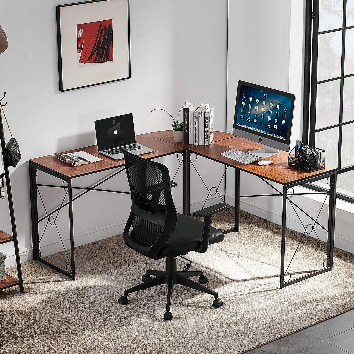 VECELO L Shaped Computer Corner Desk, 59’’x59’’ Large Industrial Home Office Workstation, Multi-Usage Long 2 Person Table, Easy Assembly/Saving Space, Steel Frame&Wooden Grain, Brown