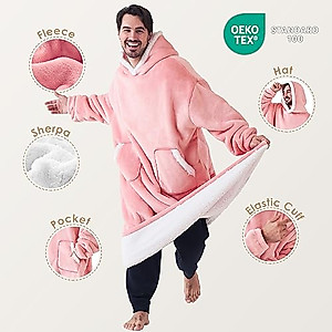 EHEYCIGA Wearable Blanket Hoodie with Pockets and Sleeves, Flannel Fleece Hooded Blanket for Women Men Adults and Kids, Pink, Extended Oversize