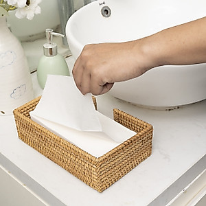 Wicker Guest Towel Holder Tray for Bathroom Rattan Rectangle Toilet Tank Trays Counter Paper Hand Towels Storage Napkin Caddy Kitchen Dressers Countertop Bath Decorative KOLSTRAW (Set 1, Honey Brown)