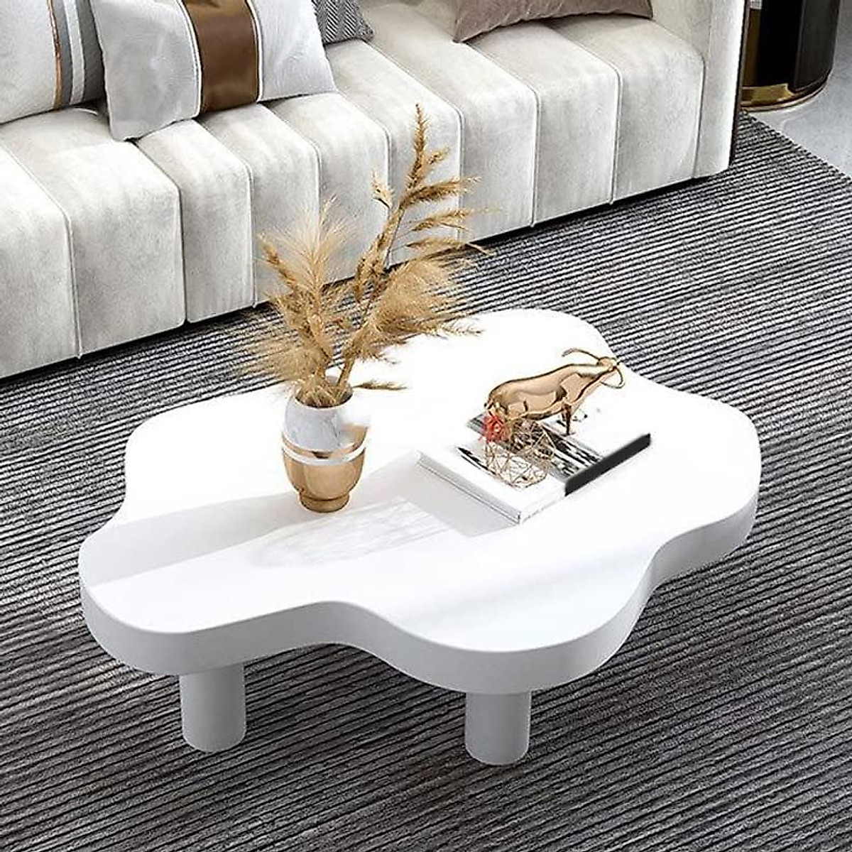 LITFAD Scandinavian Free Form Coffee Table with 3 Wooden Legs in Pine Wood Modern Solid Wood Living Room Table - White