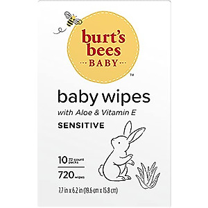 Burt's Bees Baby Wipes, Unscented Towelettes for Sensitive Skin, Hypoallergenic & Non-Irritating, All Natural with Soothing Aloe & Vitamin E, Fragrance Free, 72 count ( Pack of 10)