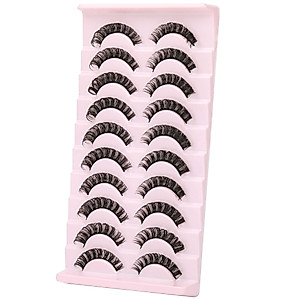 wiwoseo False Eyelashes Russian Strip Lashes D Curly Faux Mink Lashes Wispy Fluffy Volume Russian Lashes 3D Effect Fake Eyelashes 10 Pairs Pack