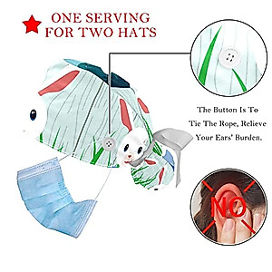 Happy Easter Bunny Egg Cute Rabbits Working Cap with Button & Sweatband, 2 Packs Reusable Surgical Surgery Hats Ponytail Holder, Multi Color