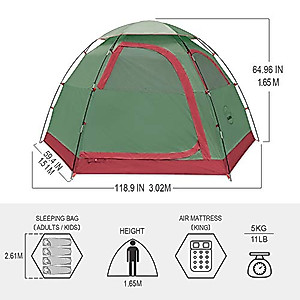 KAZOO Outdoor Camping Tent 2/4 Person Waterproof Camping Tents Easy Setup Two/Four Man Tent Sun Shade 2/3/4 People (4PGreen)
