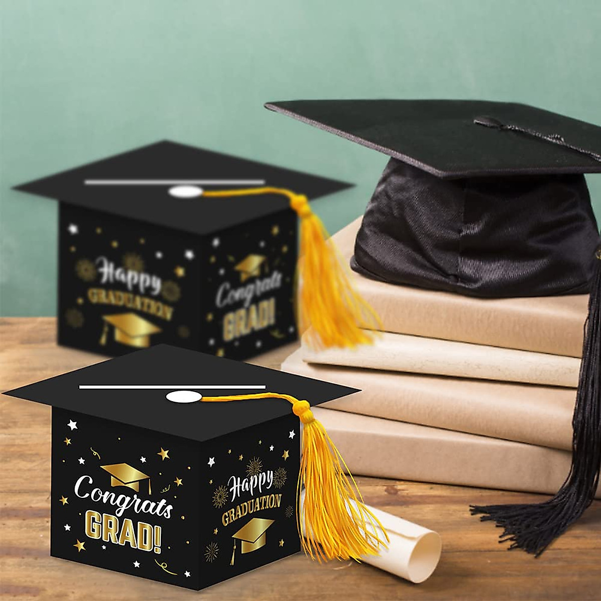 Topfunyy 2024 Graduation Party Card Box, Black Gold Congrats Cap Card Holder Box with Tassel for 2024 Graduation Party Decoration