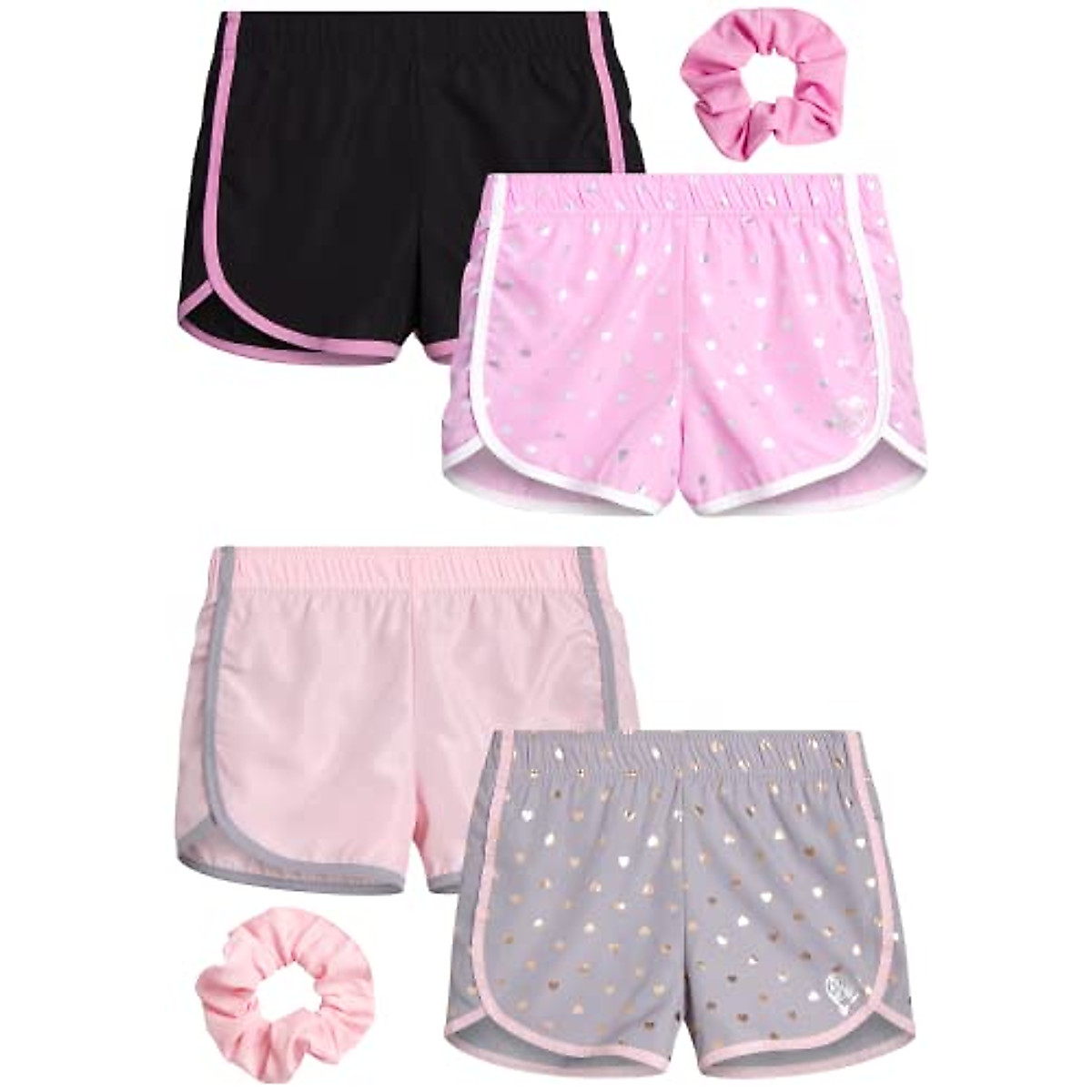 Body Glove Girls Shorts 4 Pack Athletic Performance Dry Fit Dolphin Gym Shorts, Scrunchie (7-12), Size 12, GreyPurple HeartBlackPink