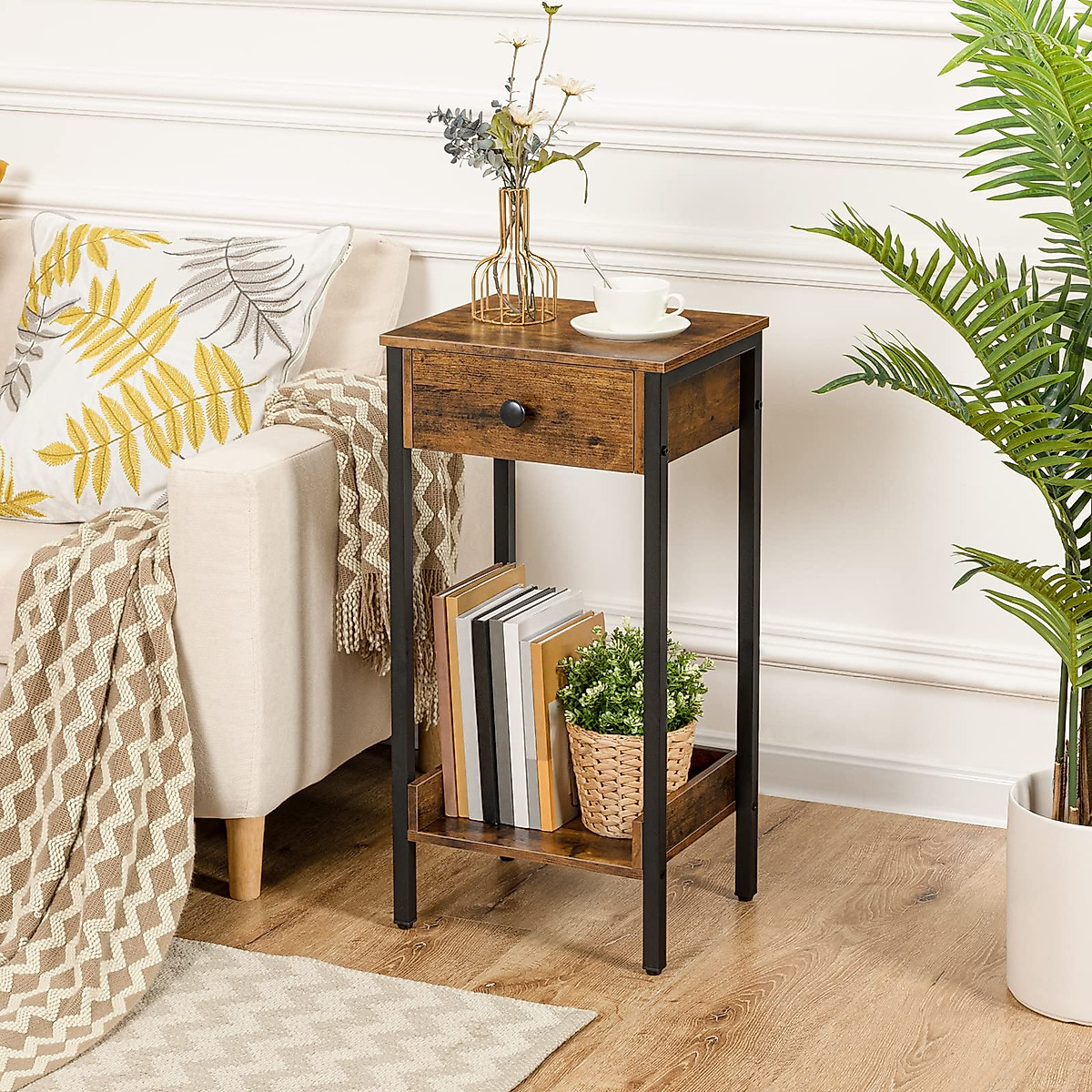 HOOBRO Tall End Table, Nightstand, Side Table with Drawer and Storage Shelf, Industrial End Telephone Table, for Study, Bedroom, Space Saving, Rustic Brown and Black BF71BZ01