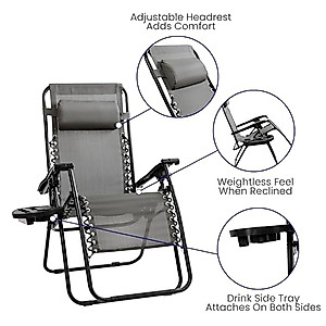 Flash Furniture Celestial Adjustable Folding Mesh Zero Gravity Reclining Lounge Chair with Pillow and Cup Holder Tray in Gray, Set of 2