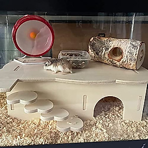 kathson Hamster Hideouts with Ladder,Hamsters Wooden House,Detachable Guinea Pigs Hut Chinchillas Habitats Cage Accessories for Gerbil Hedgehogs Bunny(L)