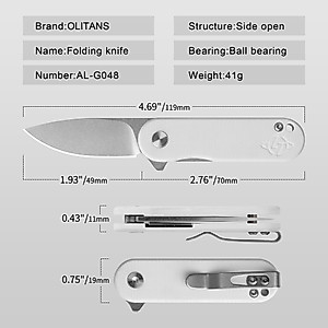 OLITANS G048 Mini Folding Knife 1.93" D2 Blade White G10 Handle, Small Folding Knife with Deep Carry Pocket Clip For EDC（White）
