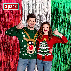 Christmas Foil Fringe Curtain -3 Pack of 3.2x8.2ft Red Silver Green Tinsel Fringe Backdrop Streamers for Christmas Ugly Sweater Party New Years Eve Party Supplies 2024 Photo Backdrop Party Decorations