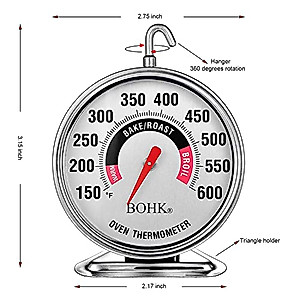 BOHK Large 2.36 Inch Dial Oven Thermometer with Bold Numbers Clear Toughened Glass Lens Hook Base Durable Stainless Steel Body Easy to Read Accurate 150-600℉