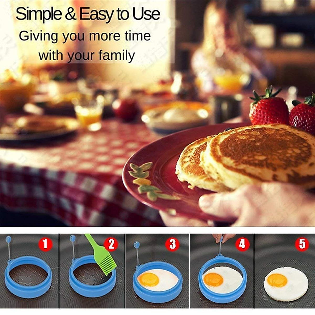 Egg Ring- Fried Egg Mold, 5pcs Different Shapes Stainless Steel Egg Poacher, Non Stick Pancake Shaper Mold With Handles (Silicone)