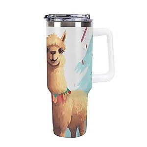 LLUTSNTH 40 Oz Vacuum Tumbler with White Handle Leakproof Insulated Tumbler Llama Alpaca Stainless Steel Travel Mug with Lid And Straw Coffee Cup Cute Water Bottles Cup Holder Friendly