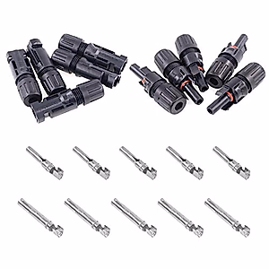 Glarks Solar Panel Connectors 1 Male to 5 Female and 1 Female to 5 Male T Branch Connectors Cable Coupler Combiner and 5 Pair Male/Female Solar Panel Cable Connectors Set (M/5F and F/5M)