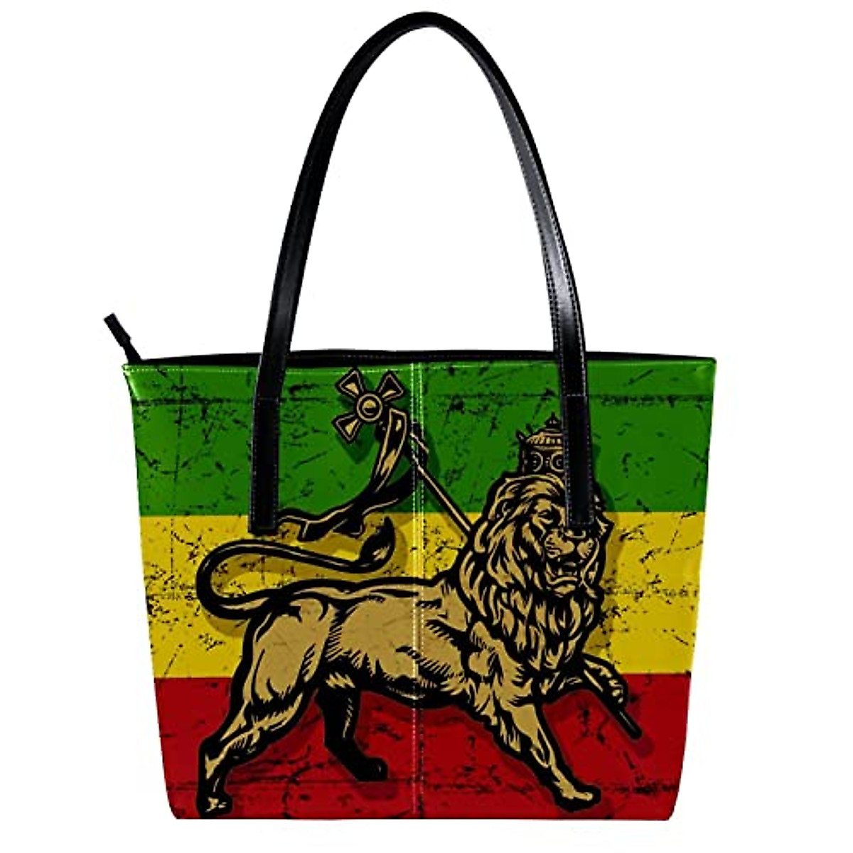 Women Tote Shoulder Bag, Rasta Judah Flag Lion Leather Work Handbag with Zipper for Teens College Students