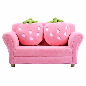 Costzon Kids Couch, Double Seat Pink Children's Sofa with 2 Strawberry Pillows, Toddler Armrest Chair for Bedroom, Living Room, Large Soft for Kids Loveseat Toy for Baby Girls Preschool Gifts Presents