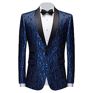 Men Floral Dress Suit Jacket Stylish Lapel Luxury Dinner Party Blazer Slim Fit Printed Wedding Sport Coat Tuxedo (Blue,Large)