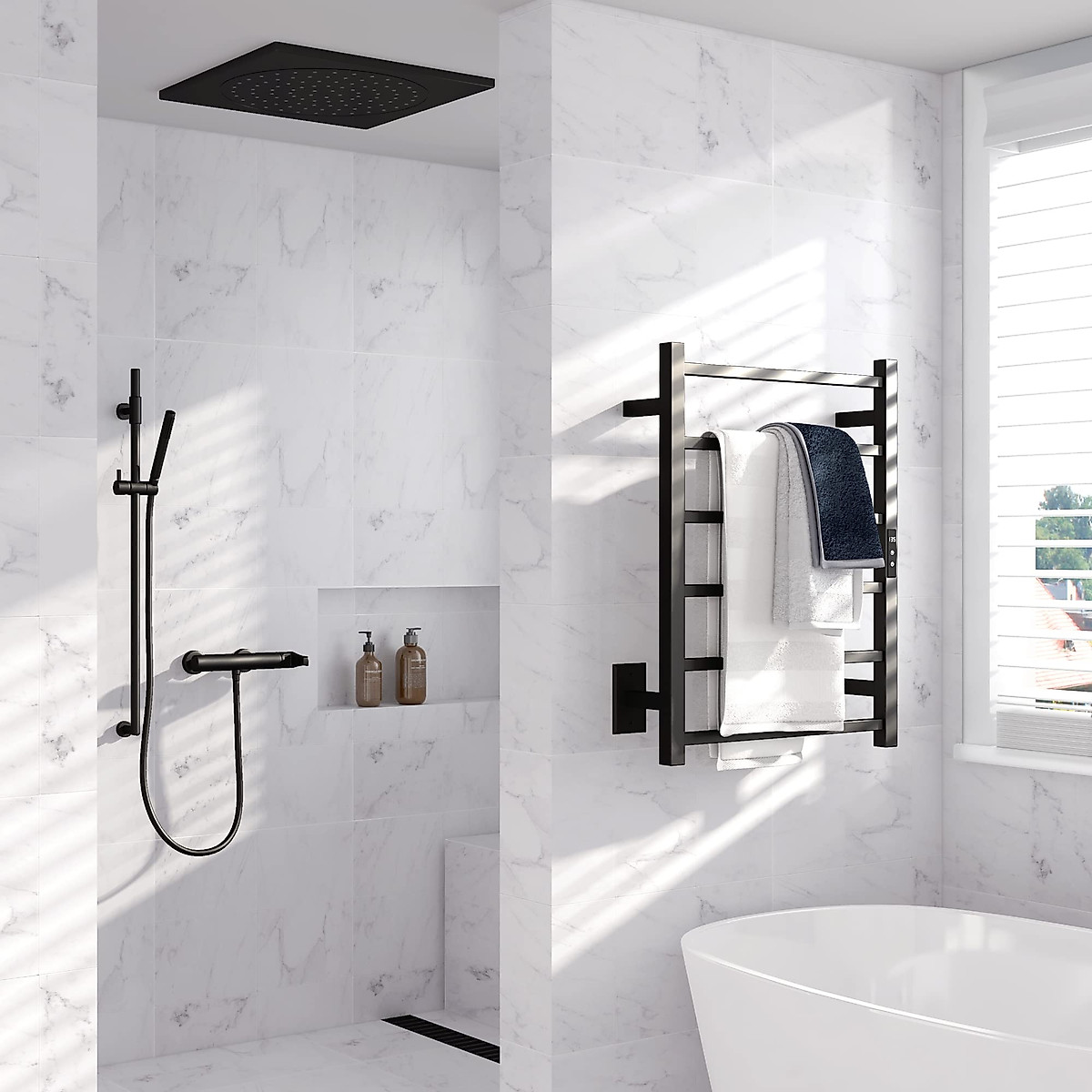 Sharpeye Towel Warmer with 24hr Timer, Matte Black Heated Towel Rack for Bathroom, Plug-in/Hardwired, Wall Mounted Electric Towel Drying Rack, with Temperature Control