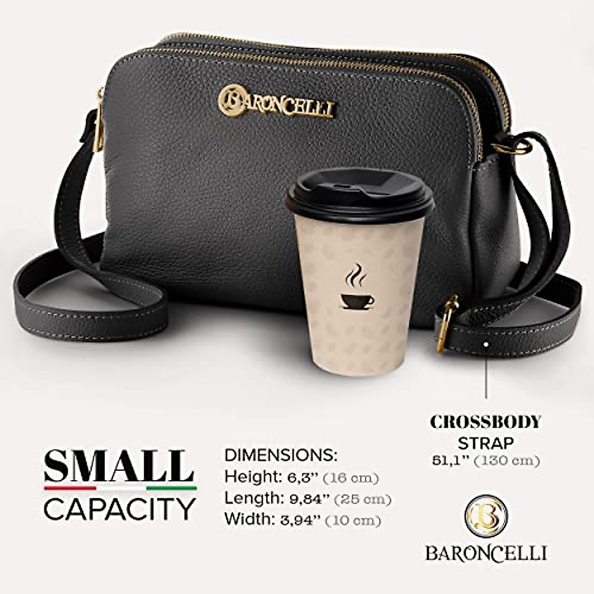 Baroncelli Crossbody Bag Made in Italy with Long Stripe Genuine Italian Soft Leather Black