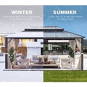 YOLENY 12'x16' Hardtop Gazebo, Outdoor Polycarbonate Double Roof Canopy, Aluminum Frame Permanent Pavilion with Curtains and Netting, Sunshade for Garden, Patio, Lawns